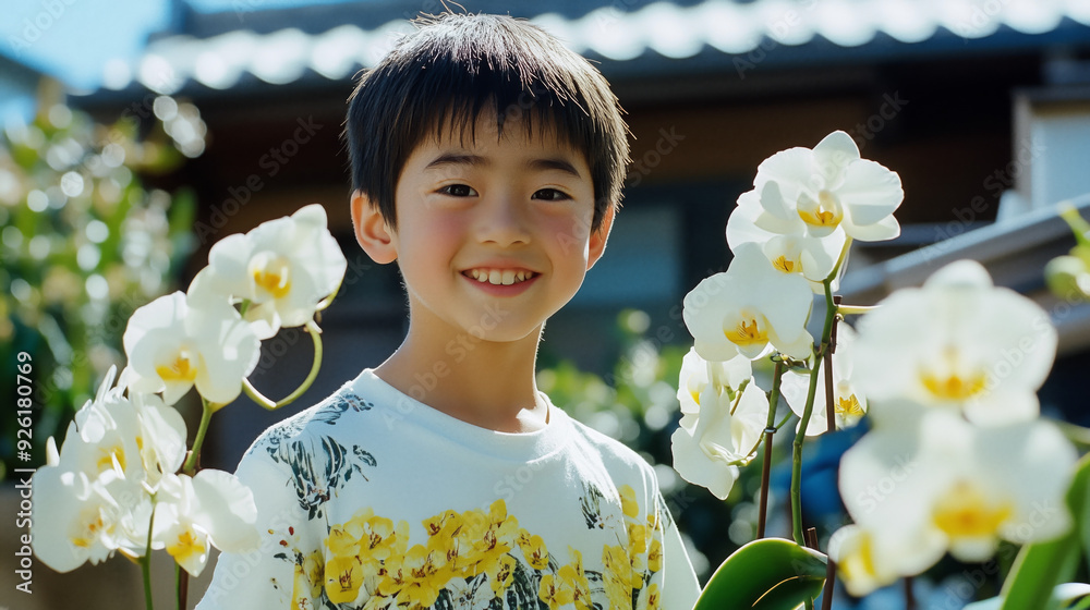 child and orchid, kid with orchid plant, orchid child, youth tending to ...