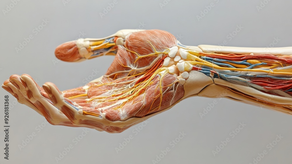 Anatomical Model of Human Hand and Forearm Showing Muscles, Nerves, and ...
