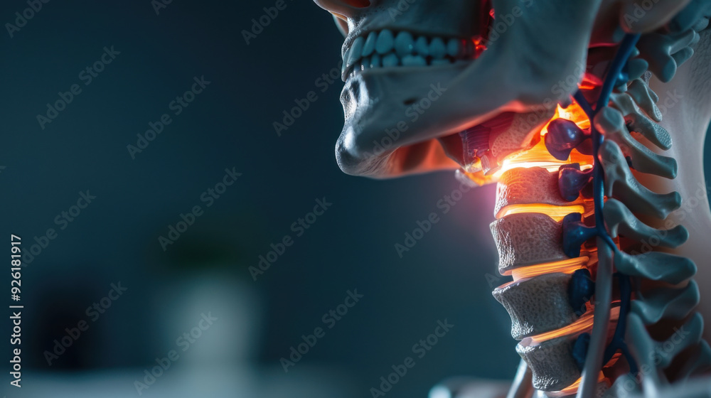 Foto de 3D medical illustration of the human neck vertebrae, with one ...