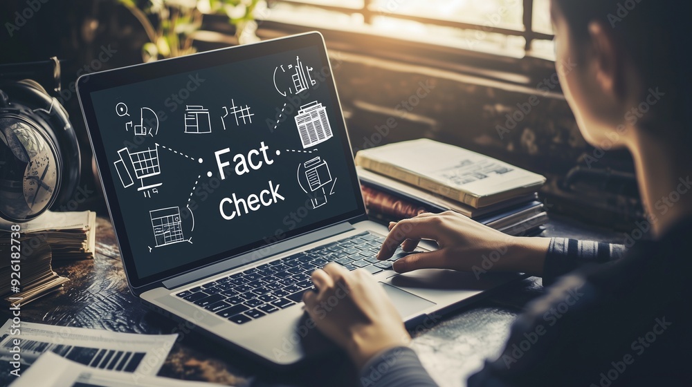 Person fact-checking information on a laptop, emphasizing accuracy and ...