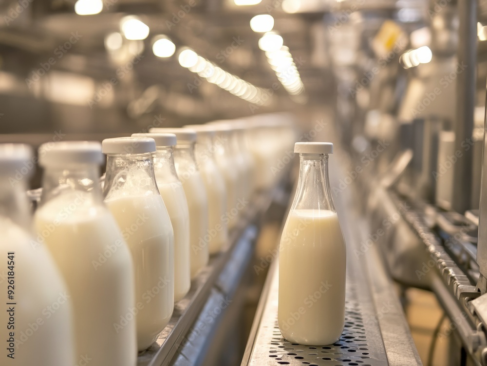 Milk Bottles Moving Along a Conveyor Belt in a Modern Dairy Processing ...