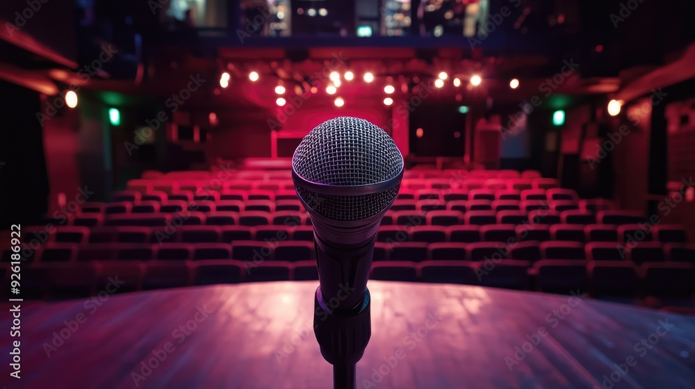 Microphone centered on a stage, with rows of audience seats stretching ...