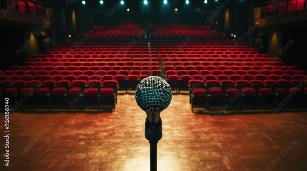 Microphone centered on a stage, with rows of audience seats stretching ...