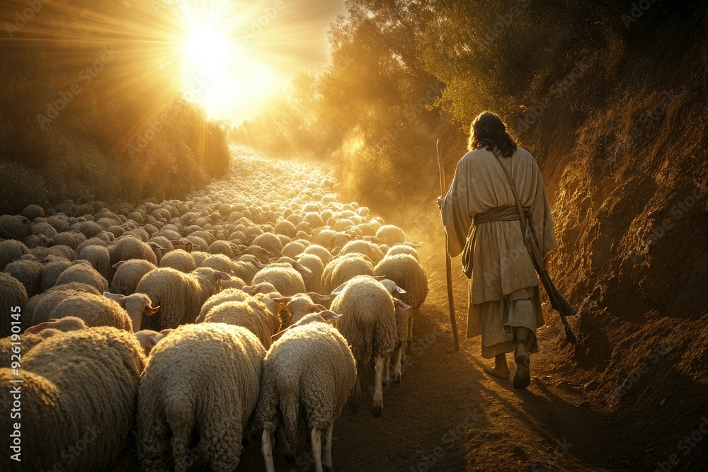 Shepherd Jesus Christ leading the sheeps, philosophical picture of ...