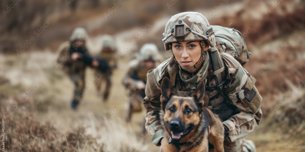 Woman in military uniform, helmet and gun, running over forest grass ...