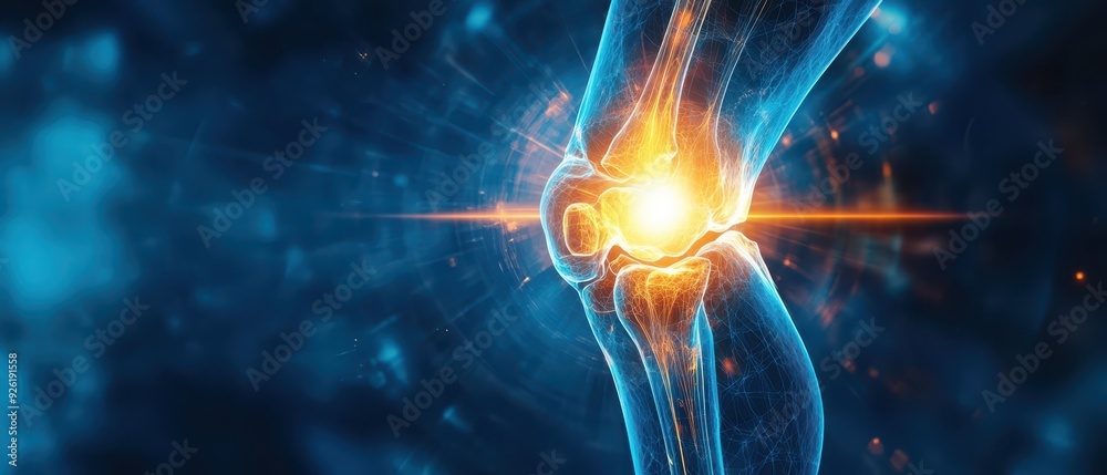 Knee joint depicted with a glowing energy field surrounding it ...