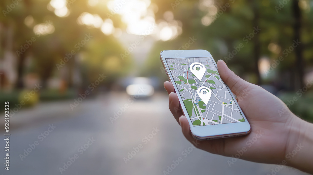 Close-up of a male hand holding a smartphone displaying an online map ...
