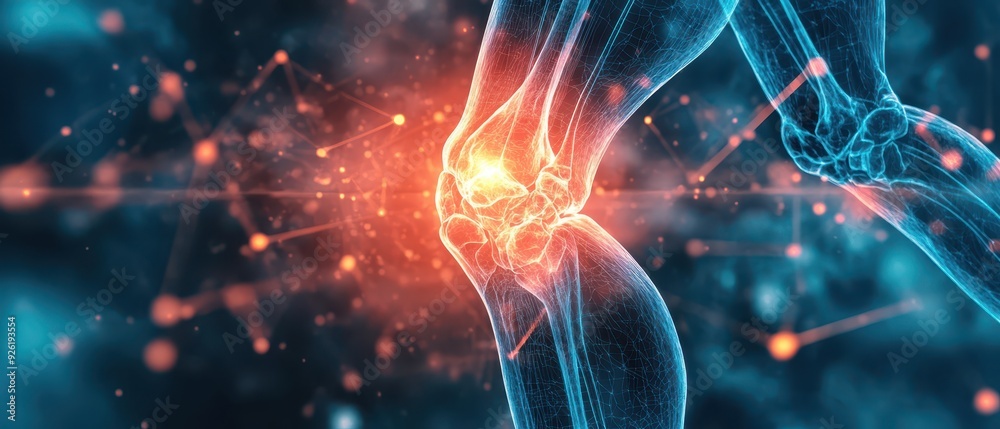 Knee joint depicted with a glowing energy field surrounding it ...
