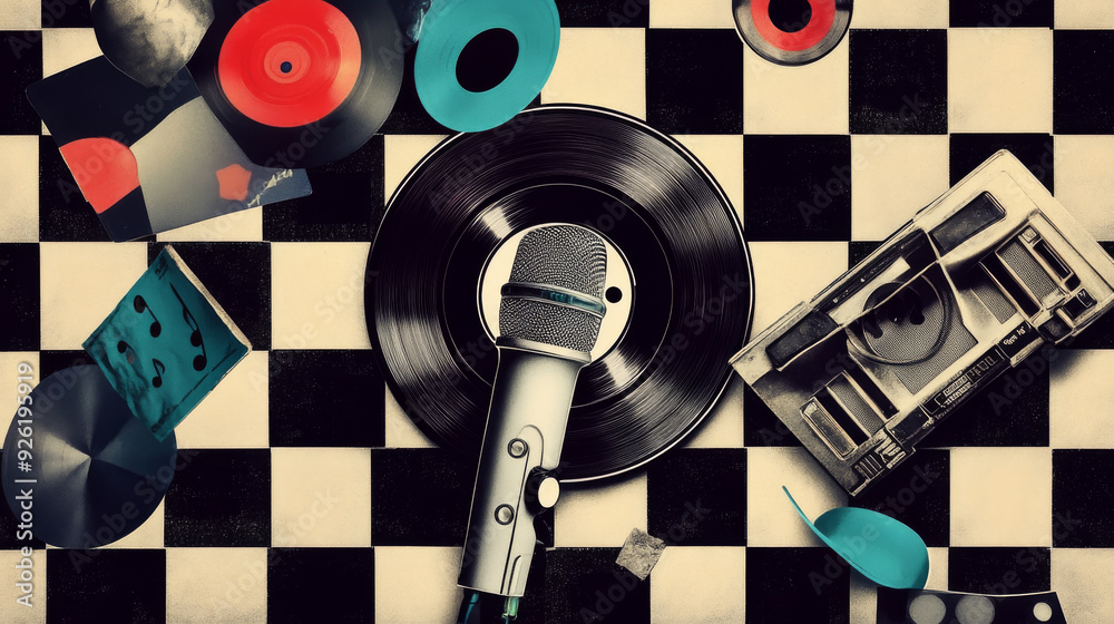 Music collage set featuring elements like an audio cassette, vintage ...