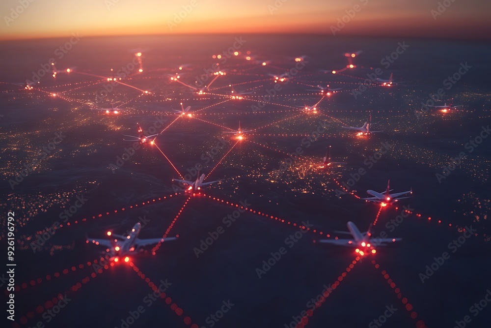 Visual representation of global air traffic with airplanes connected by ...