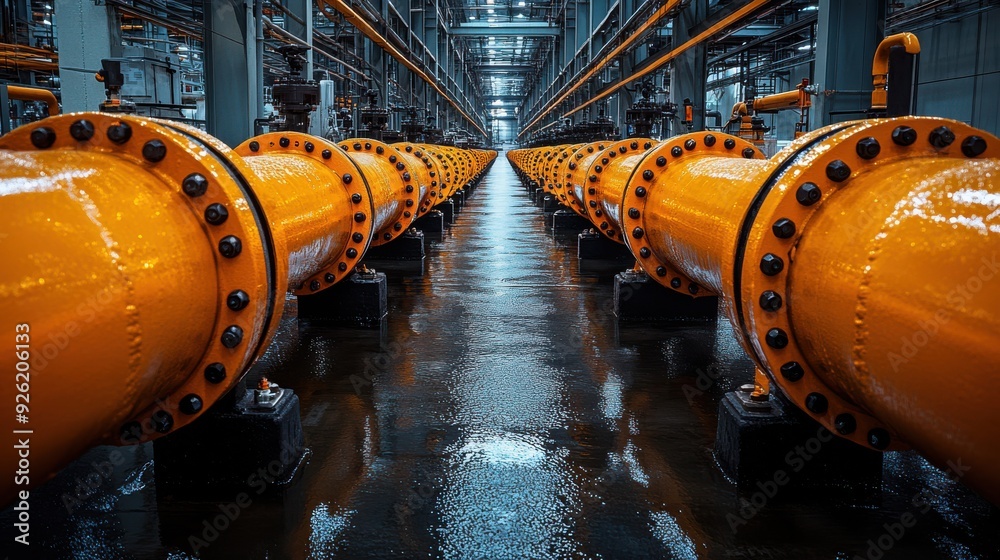Long row of orange industrial pipelines in a factory with shiny ...