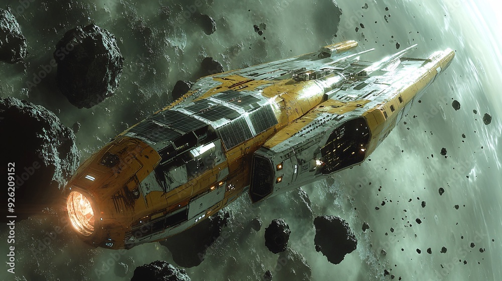 Solar Cell Spaceship Surrounded by Asteroids: A spaceship with solar ...