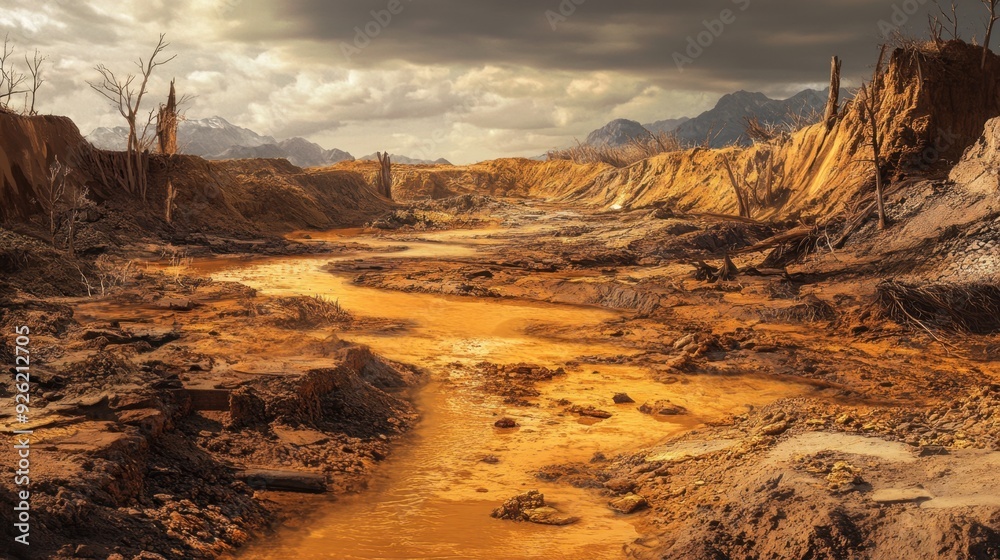 Environmental degradation from gold mining depicted with barren ...