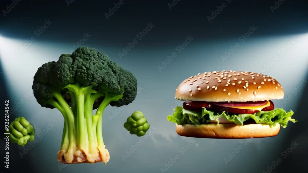 Choosing between healthy and unhealthy junk food concept. Fast-food vs ...