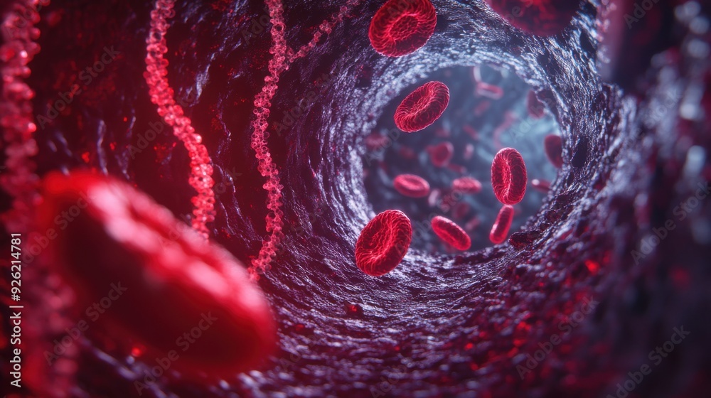 Detailed view of a blood vessel with red blood cells flowing through a ...