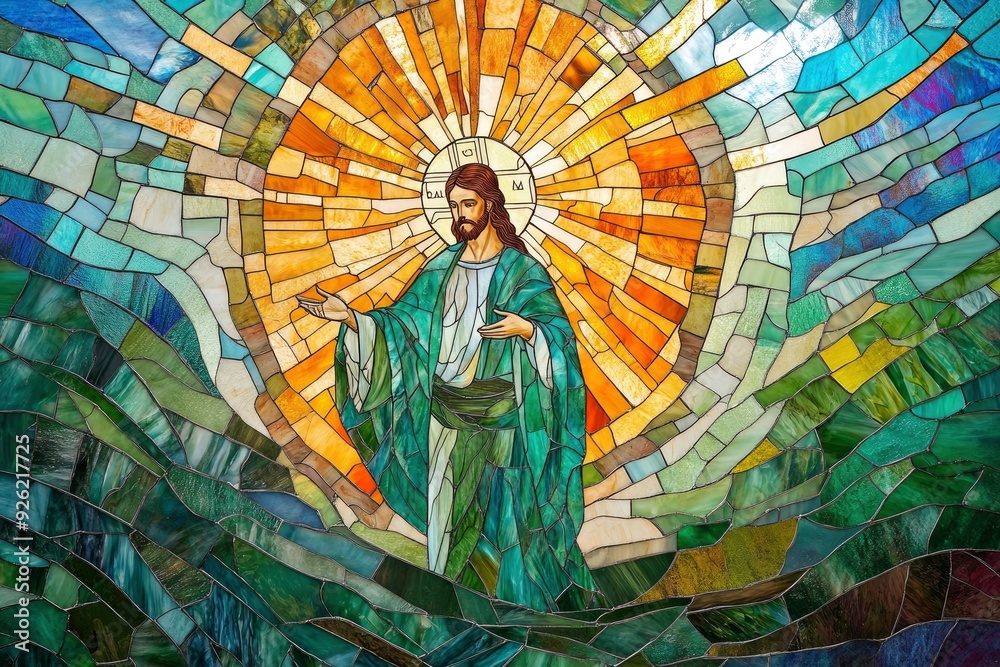 Stained Glass Jesus: Sermon on the Mount with Blues & Greens, Golden ...