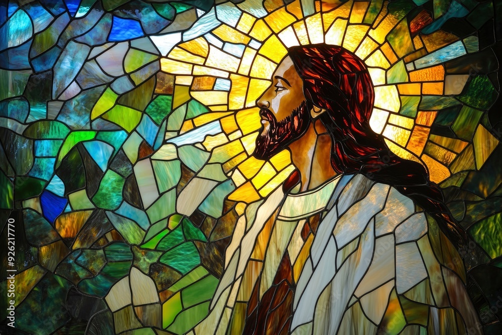 Stained Glass Jesus: Sermon on the Mount with Blues & Greens, Golden ...