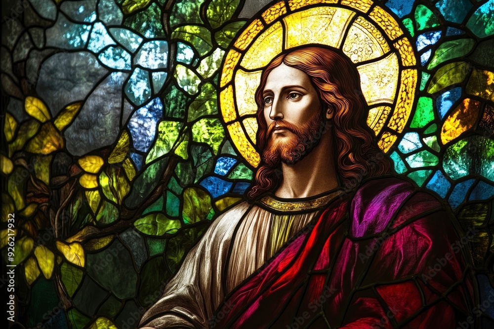 Stained Glass Jesus: Sermon on the Mount with Blues & Greens, Golden ...