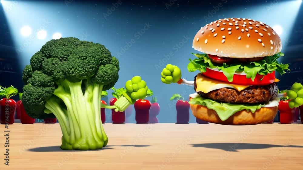 Choosing between healthy and unhealthy junk food concept. Fast-food vs ...
