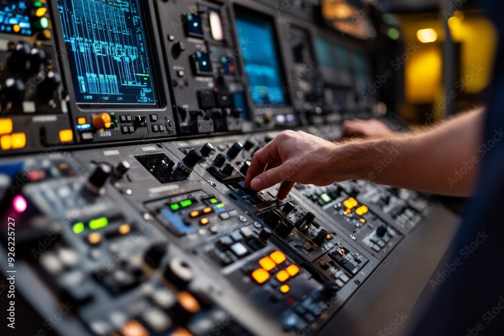 A hand adjusts various switches and dials on a complex control panel ...