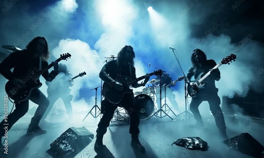 A dramatic concert scene featuring a heavy metal band performing on ...