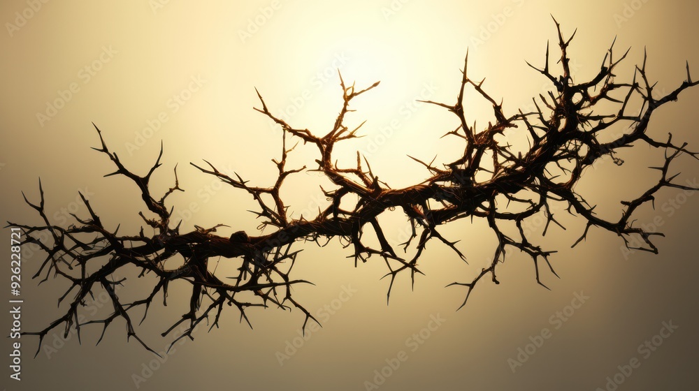 Silhouette of a thorny branch Focusing on jagged thorns and branches ...