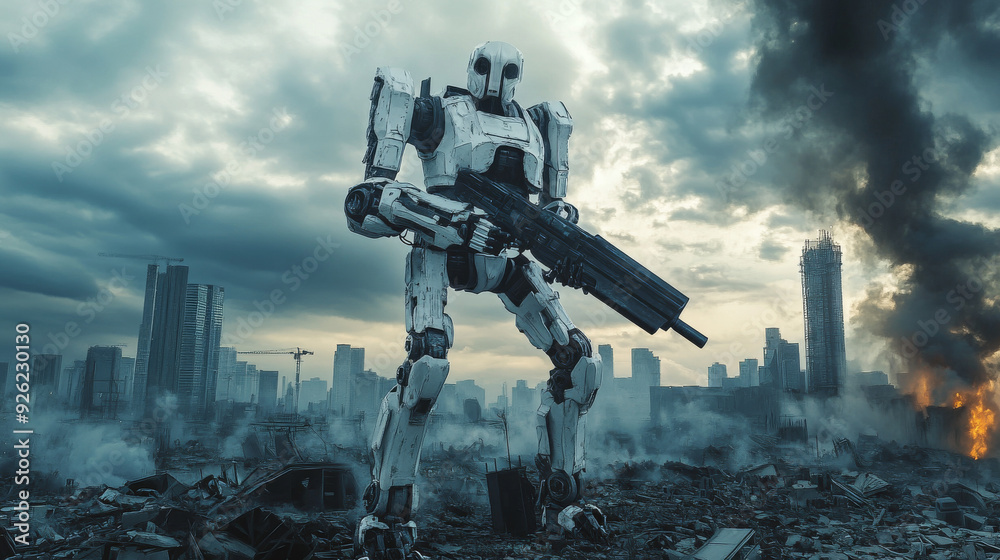 3D illustration of a sci-fi mech in an attacking pose, standing amidst ...