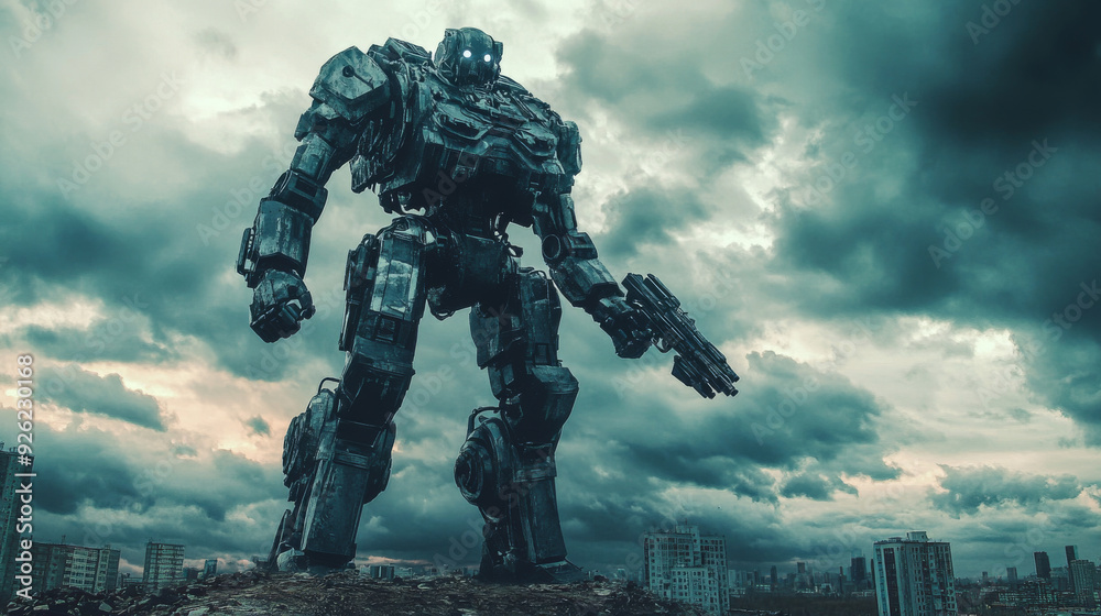 3D illustration of a sci-fi mech in an attacking pose, standing amidst ...