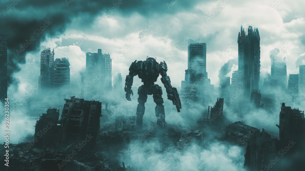 3D illustration of a sci-fi mech in an attacking pose, standing amidst ...