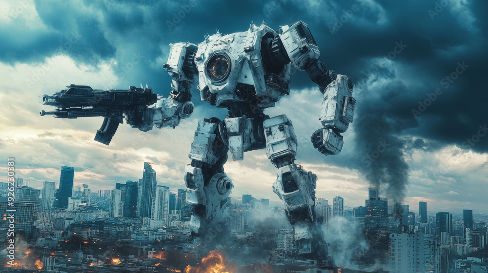 3D illustration of a sci-fi mech in an attacking pose, standing amidst ...