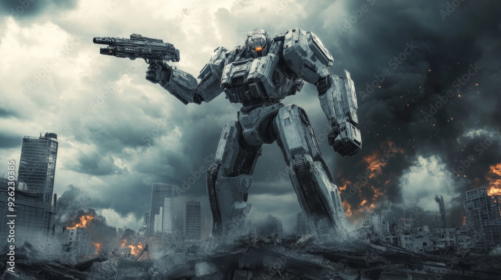 3D illustration of a sci-fi mech in an attacking pose, standing amidst ...