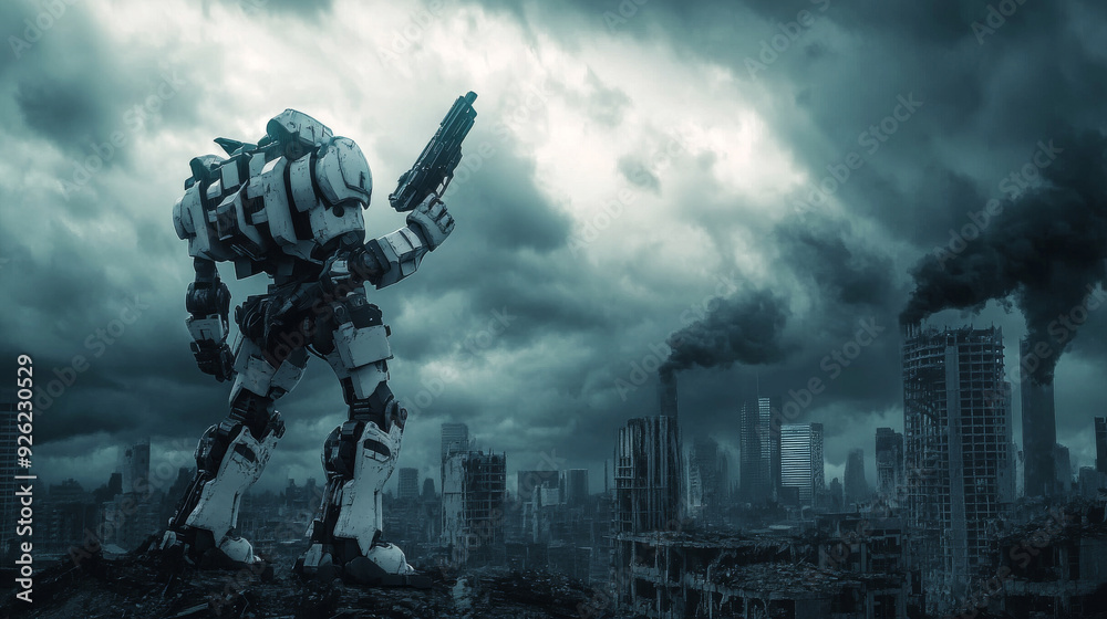 3D illustration of a sci-fi mech in an attacking pose, standing amidst ...