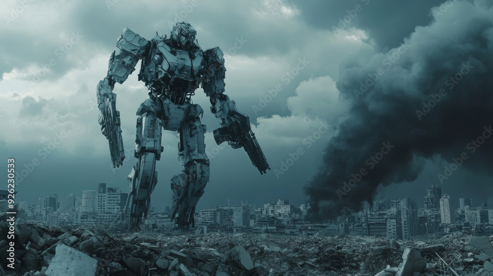 3D illustration of a sci-fi mech in an attacking pose, standing amidst ...