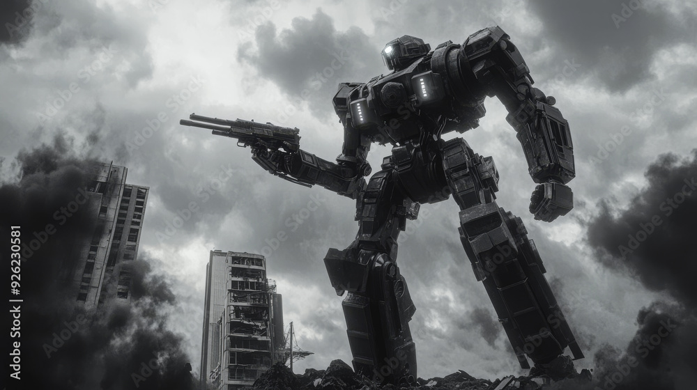 3D illustration of a sci-fi mech in an attacking pose, standing amidst ...