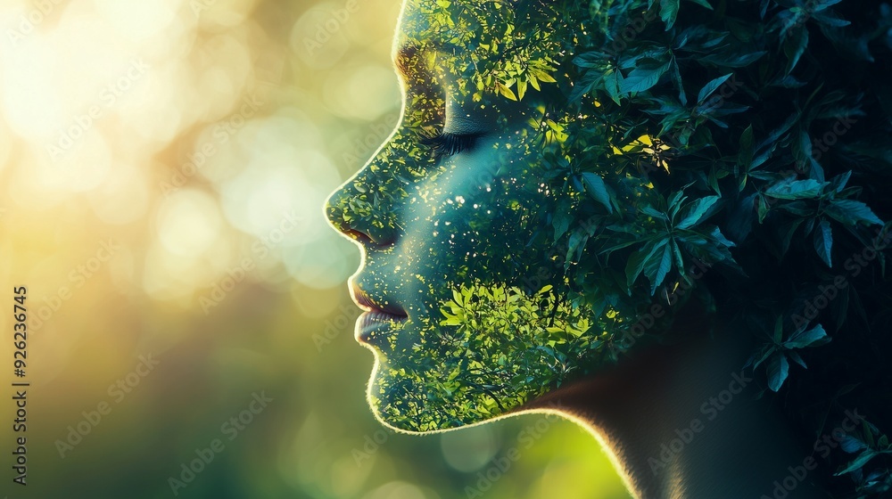 A serene face blending with lush greenery symbolizes ecotherapy and ...