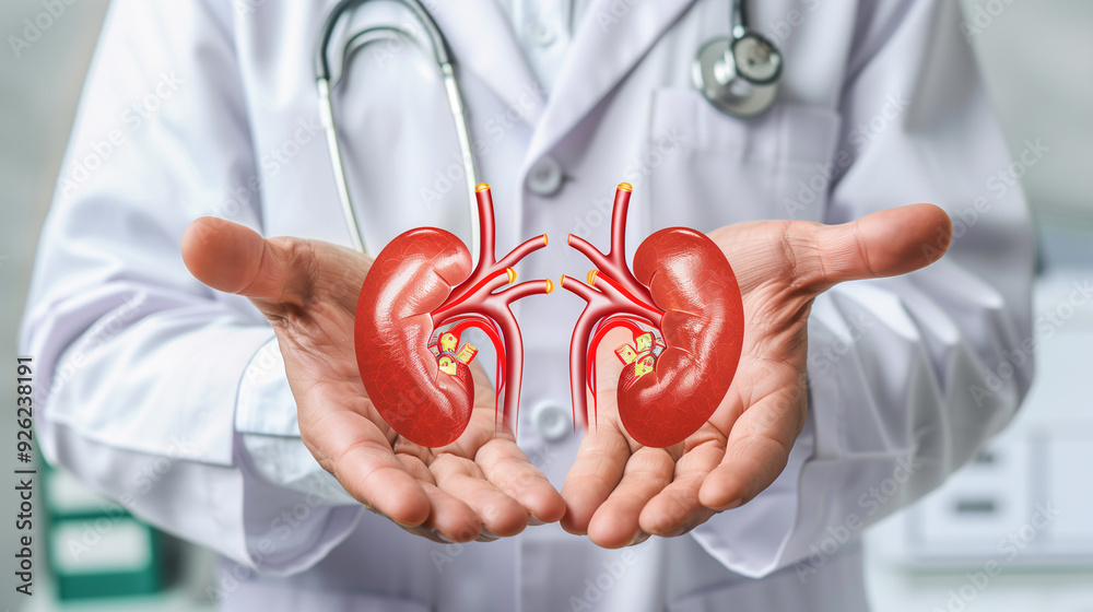 Chronic kidney disease, doctor with model for treatment urinary system ...