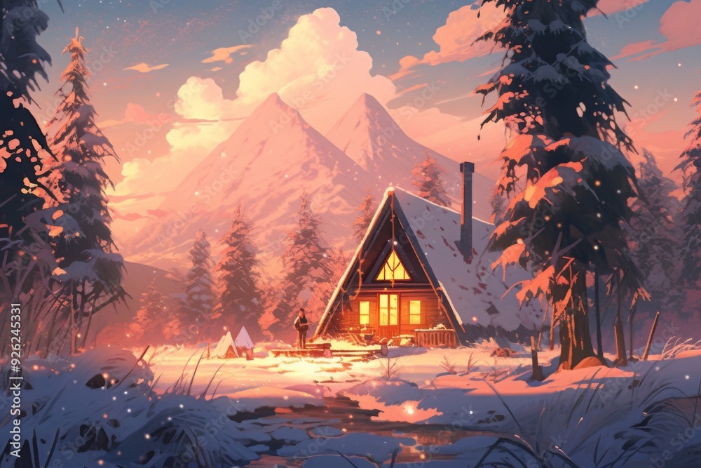 Enchanting Anime-Style Winter Retreat: A Cozy Mountain Cabin Amidst ...