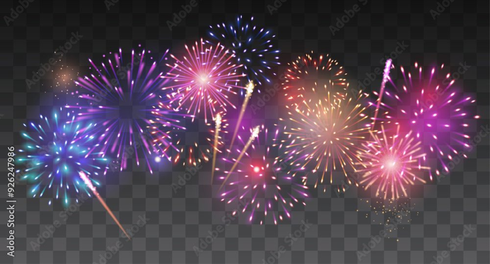 Vector decorative border with colorful exploding fireworks in the sky ...