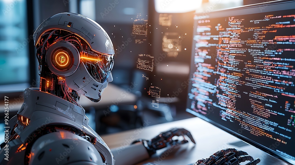 An abstract representation of AI as a glowing robot, surrounded by floating codes and algorithms ...