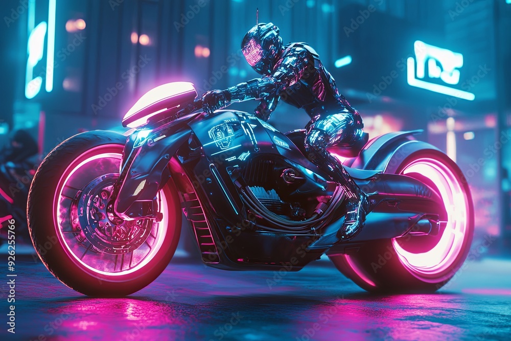 Cyberpunk Rider with Bionic Arms Ready to Race Neon-Lit Motorcycle at ...