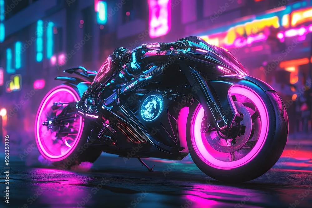 Cyberpunk Rider with Bionic Arms Ready to Race Neon-Lit Motorcycle at ...