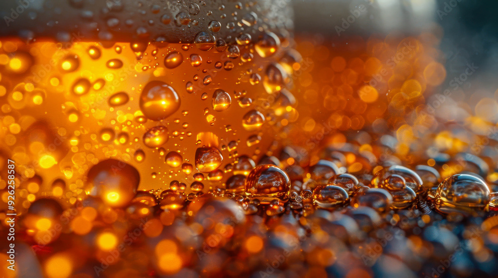 beer bubbles. alcoholic drink is poured into a glass, the walls of a ...