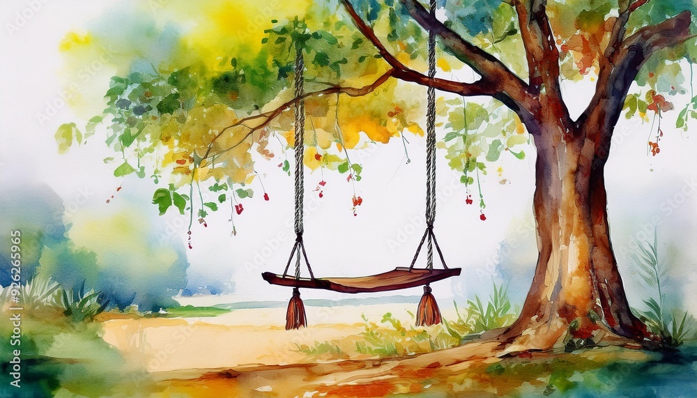 Watercolor illustration for the teej festival with a traditional swing ...