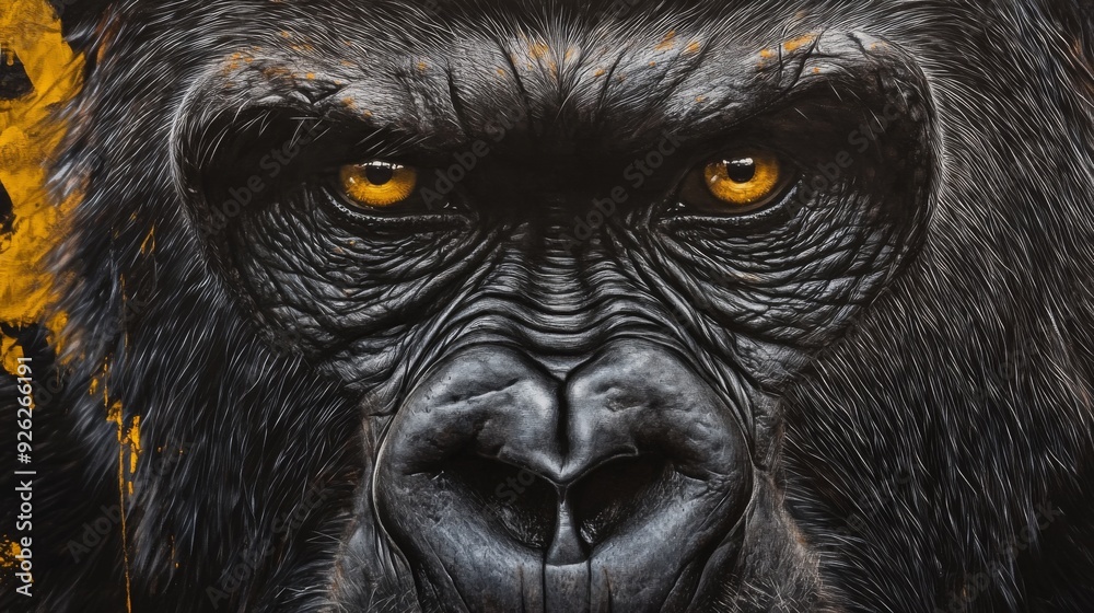 The image displays the intense gaze of a gorilla, focusing on its ...