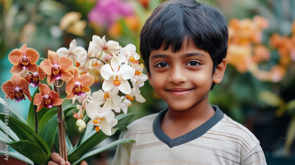 child and orchid, kid with orchid plant, orchid child, youth tending to ...