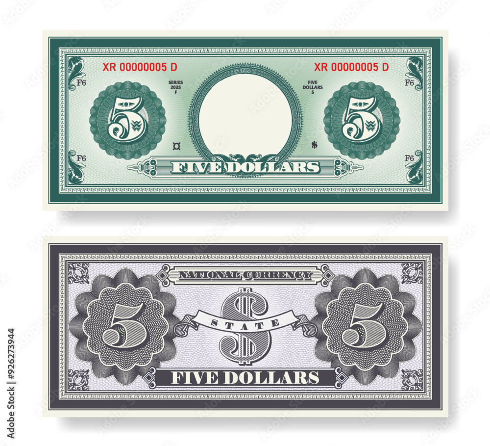 Vector fictional beautiful banknote of 5 dollars. Obverse and reverse ...