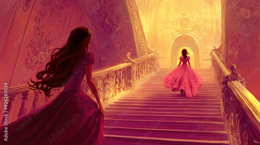 ภาพประกอบสต็อก Cartoon girl with long brown hair, dressed as a princess ...