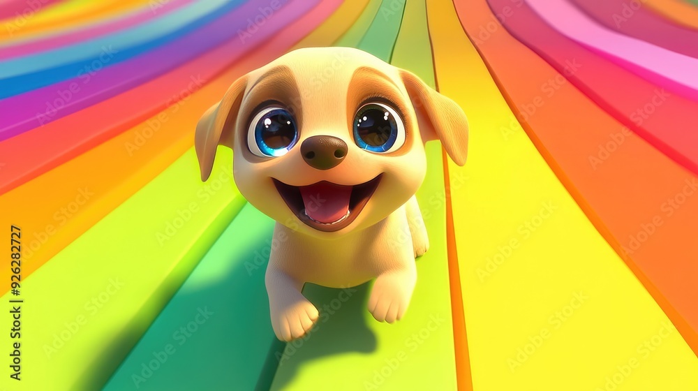 Playful cartoon puppy with big sparkling eyes, sliding down a rainbow ...