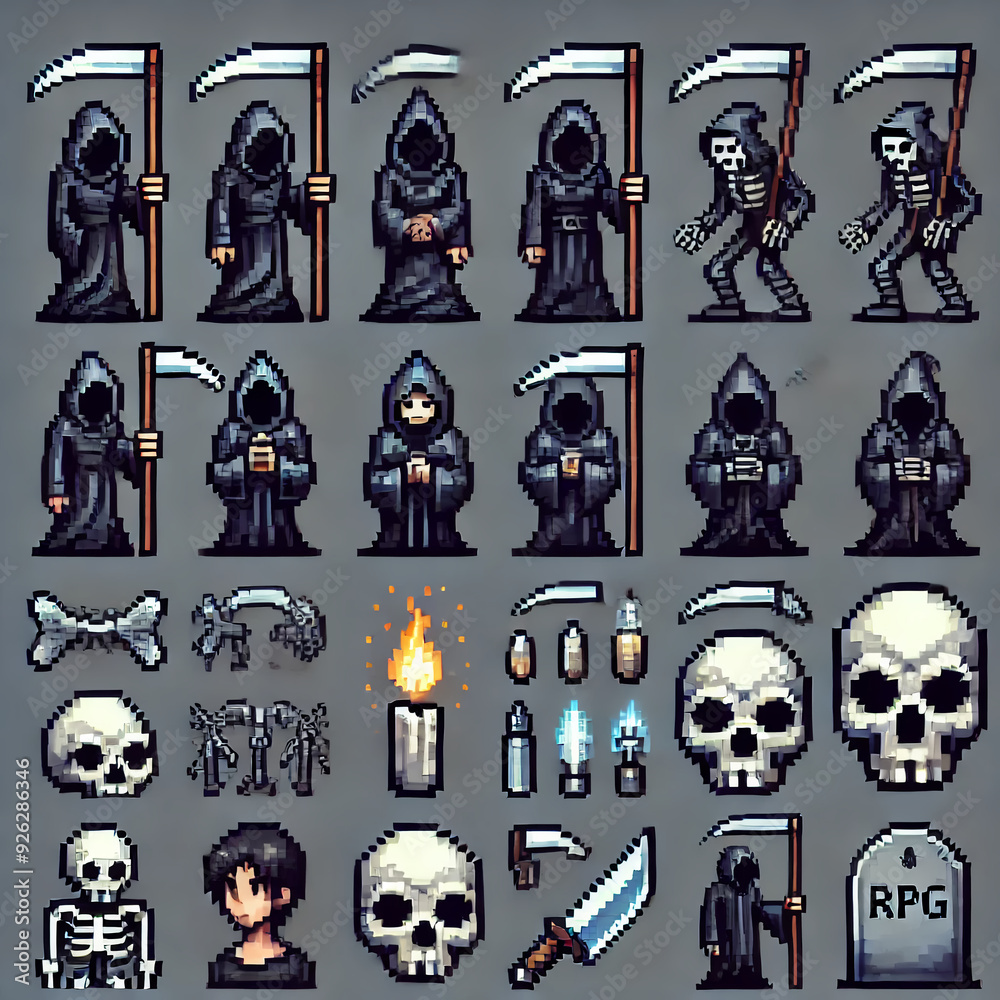 Detailed sprite sheet of RPG pixel art icons featuring a Grim Reaper ...