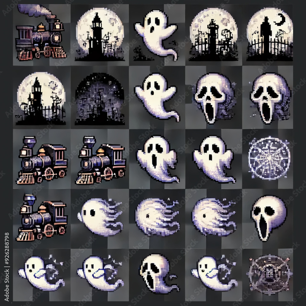 Detailed sprite sheet of RPG pixel art icons featuring a Ghost Train ...